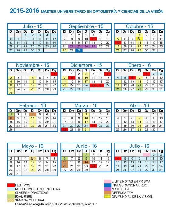 calendario 2015-2016 MUOCV — Facultad de Óptica y Optometría de ...